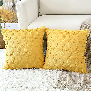 OTOSTAR Set of 2 Soft Plush Short Wool Velvet Decorative Throw Pillow Covers with 3D Flower Pattern Cushion Covers - Couch Sofa Pillow Covers for Living Room - Yellow 18x18 Inch