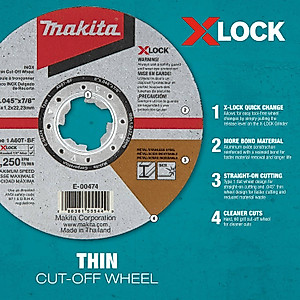 Makita E-00446 X-Lock 4-1/2" x .045" x 7/8" Type 1 General Purpose 60 Grit Thin Cut‑Off Wheel for Metal and Stainless Steel Cutting