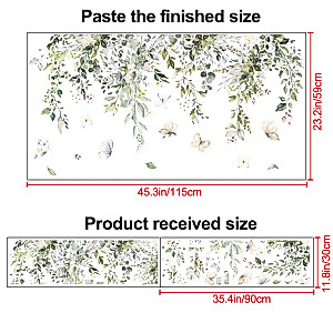 Hanging Green Leaves Wall Decals Elegant Plants Wall Stickers DIY Vinyl Peel and Stick Butterfly and Leaf Wall Art Murals for Kids Girls Bedroom Living Room Offices Nursery Closet Ceiling Vertex Line (B)