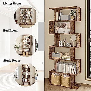 HOMEFORT Wooden Geometric Bookshelf,6-Tier S-Shaped Bookcase,6 Shelf Morden Bookshelves,Unique Freestanding Tall Book Shelf and Book Case for Bedroom and Living Room Home Office,Rustic Brown