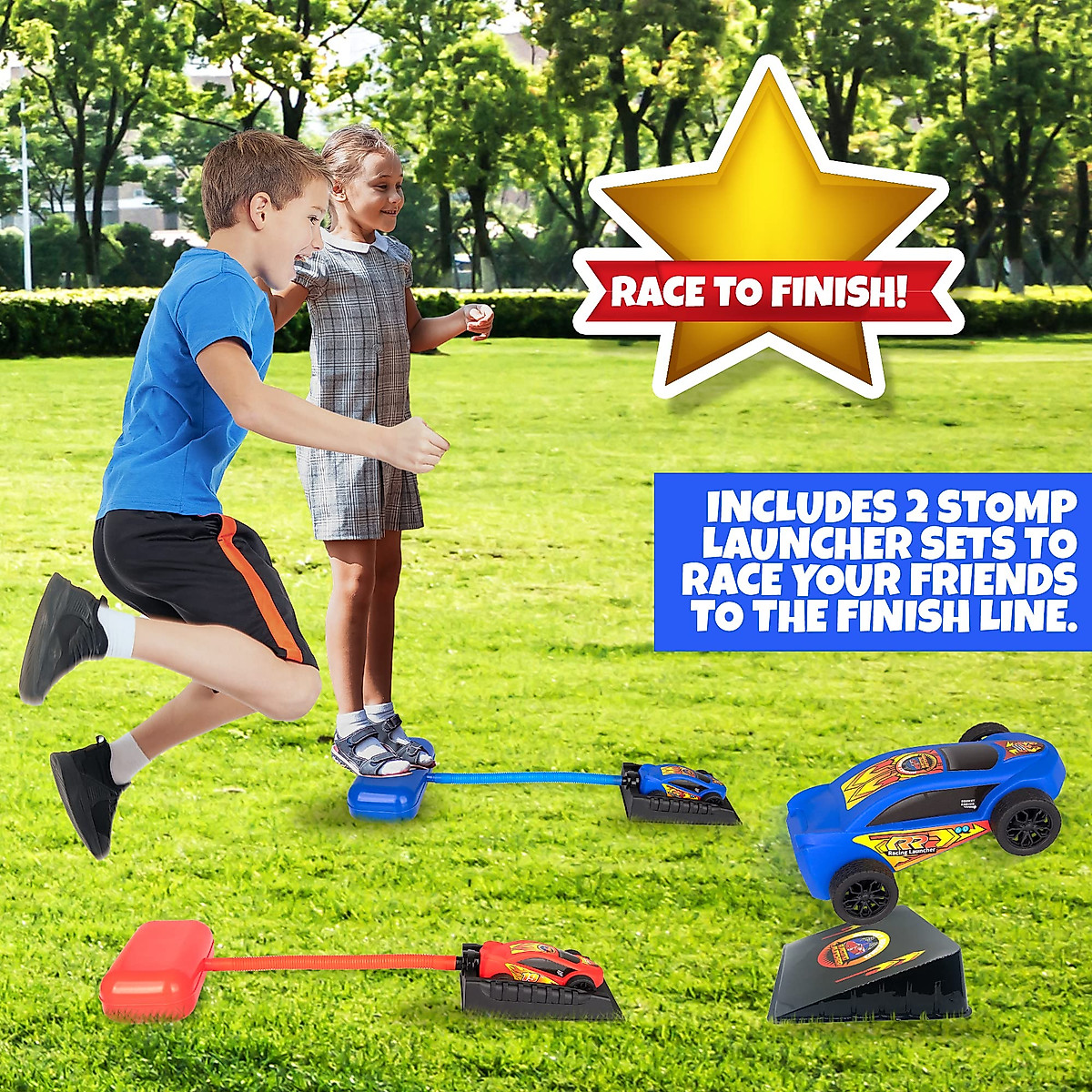 Car Rocket Launcher For Kids Super Catapult Car Racers, Includes 2 Cars, 2 Stomp Launchers, Ramp, finish line, & Decorating Decals, Car Toys for Boys & Girls, Adrenaline-Pumping Outdoor Toys for Kids