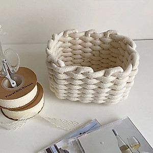 RXMORI Cotton Rope Storage Baskets, Rectangle Woven Storage Baskets, Desktop Storage Basket, White Simple Desktop Storage Organizer for Key Wallet Cosmetics