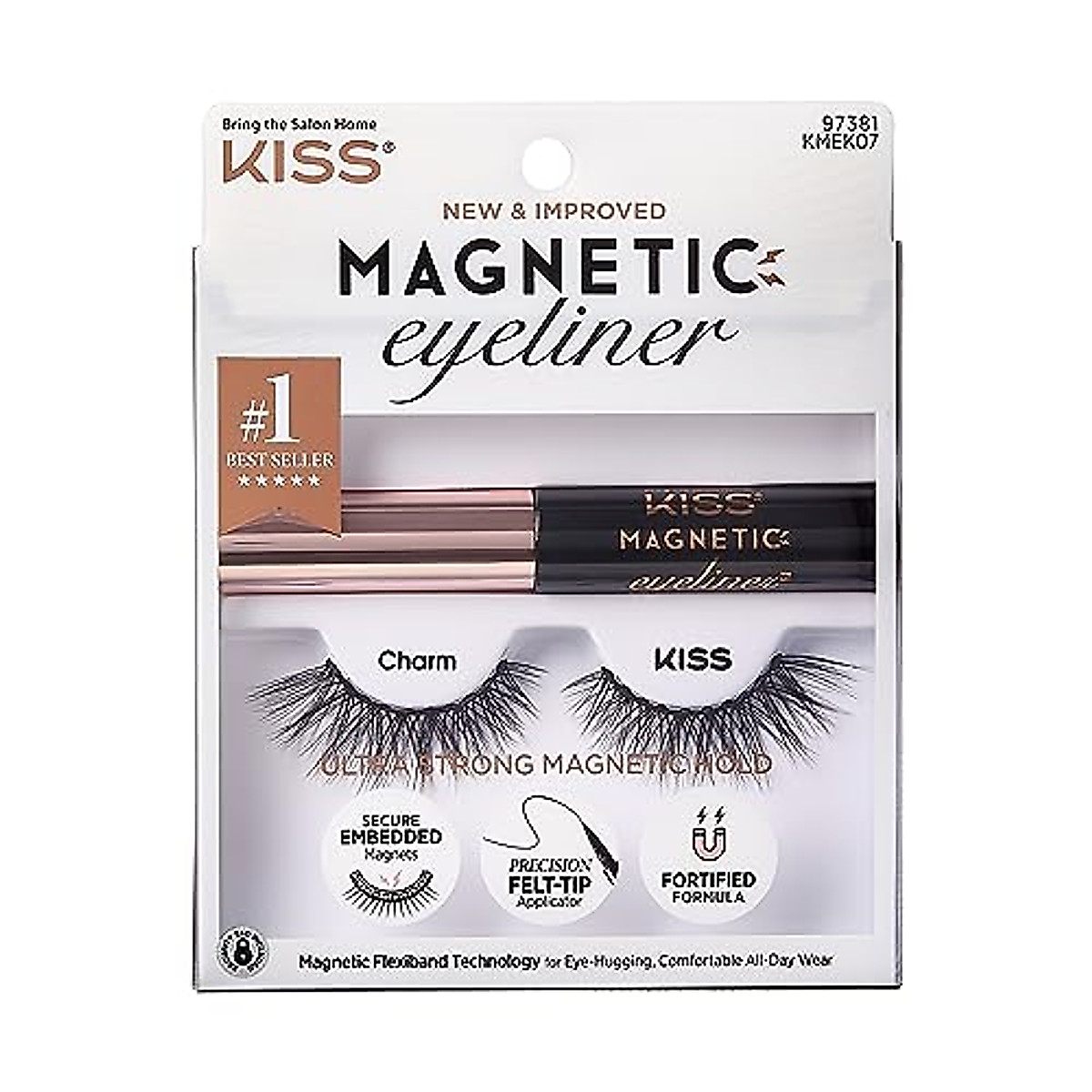 KISS Magnetic, False Eyelashes, Charm', 12 mm, Includes 1 Pair Of Magnetic Lashes, Magnetic Lash Eyeliner, Contact Lens Friendly, Easy to Apply, Reusable Strip Lashes