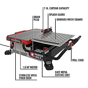 PORTER-CABLE Tile Cutter, Tile Saw, For Remodelers and DIYers, 2,850 RPM, Stainless Steel Deck, Water and Debris Resistant (PCE980)