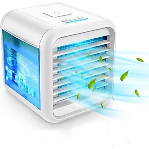 Portable Air Conditioner Fan, Personal Air Cooler with Icebox, USB Desk Fan with 3 Speeds, Evaporative Air Cooler for Home, Office & Outdoor Use, Air Humidifier, USB Charging, 7 Light Colors, Quiet
