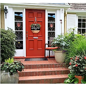 Welcome Sign for Front Door Home Decor Gifts, Round Wreath Wall Hanging Outdoor Porch Farmhouse, for All Seasons Valentines Day Christmas (C-dark brown)