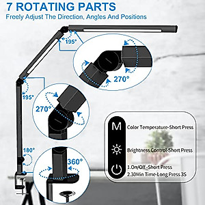 LED Desk Lamp with Clamp, Architect Desk Lamp with Dual Light and Adjustable Swing Arm, Clip-on Eye-Care 4 CCT Modes & 5 Brightness Levels Table Light Modern Desk Light for Home Office