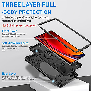 SUPFIVES Case for Galaxy Tab S10 Ultra 14.6 inch 2024, Tablet S9 Ultra 2023 Upgraded Military Liquid Silicone 3 Layers Protection with+Handle+ Rotating Stand+ S-Pen Holder+ Shoulder Strap- Black