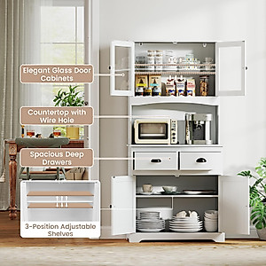 SILKYDRY 67” Kitchen Hutch Storage Cabinet, Tall Pantry Buffet Cabinet with Glass Doors, Adjustable Shelves, 2 Large Drawers, Dining Room Cupboard, Kitchen Hutch with Countertop