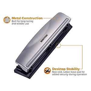 Bostitch Office Premium 3 Hole Punch, 12 Sheet Capacity, Metal, Rubber Base, Easy-Clean Tray, Silver, 2-Pack