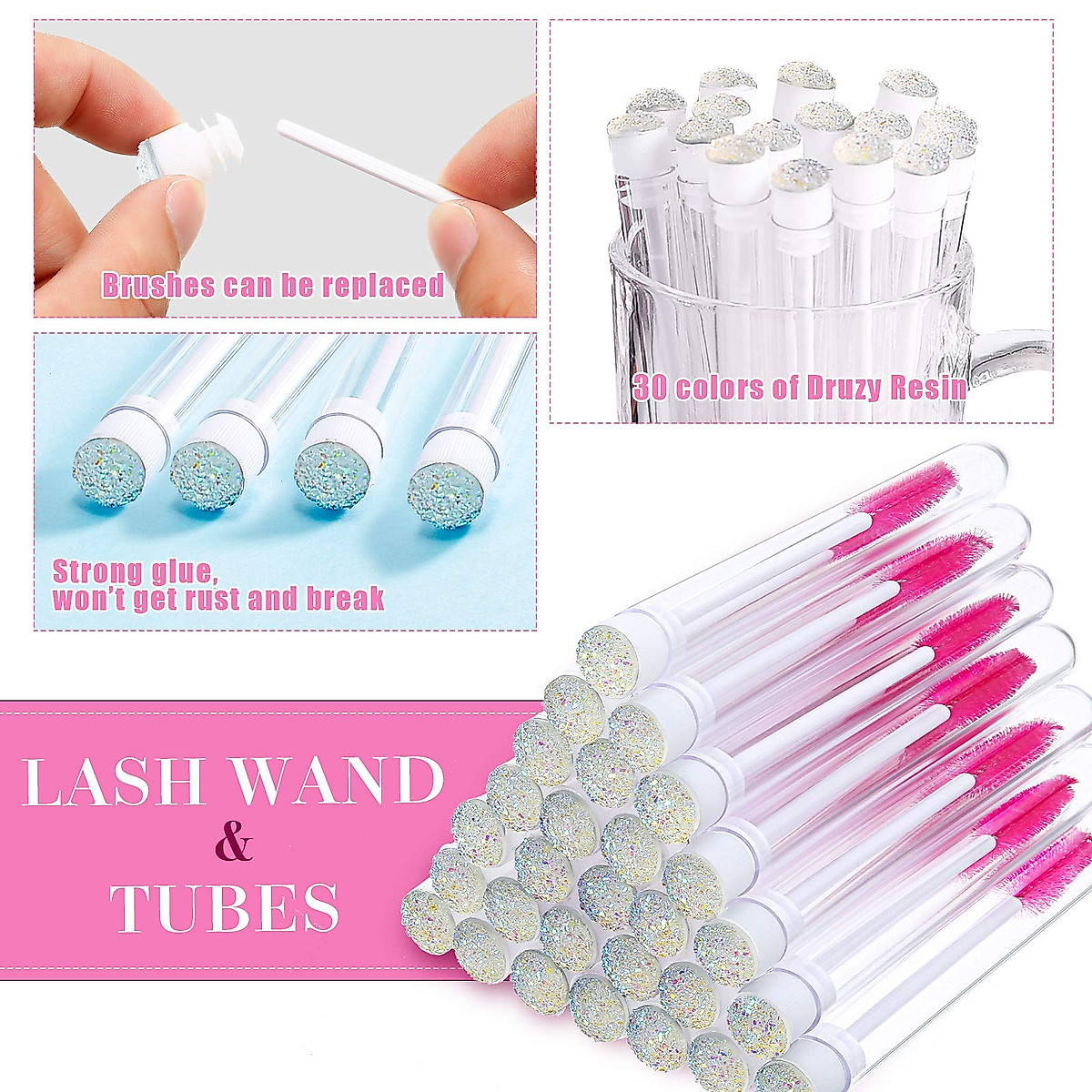 60 Pieces Mascara Wand Tube Set 30 Diamond Empty Eyelash Brush Tubes Spoolies 30 Mascara Wand Lash Extension Brushes Applicators Makeup Tools (110 mm, Iridescent)