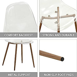 Gxcevsou Dining Chairs Set of 4, Modern Plastic Transparent Crystal Ghost Seat, Nordic Creative Makeup Stool Negotiation Chair for Dining Room Living Room Bedroom - Walnut Wood Color Metal Leg