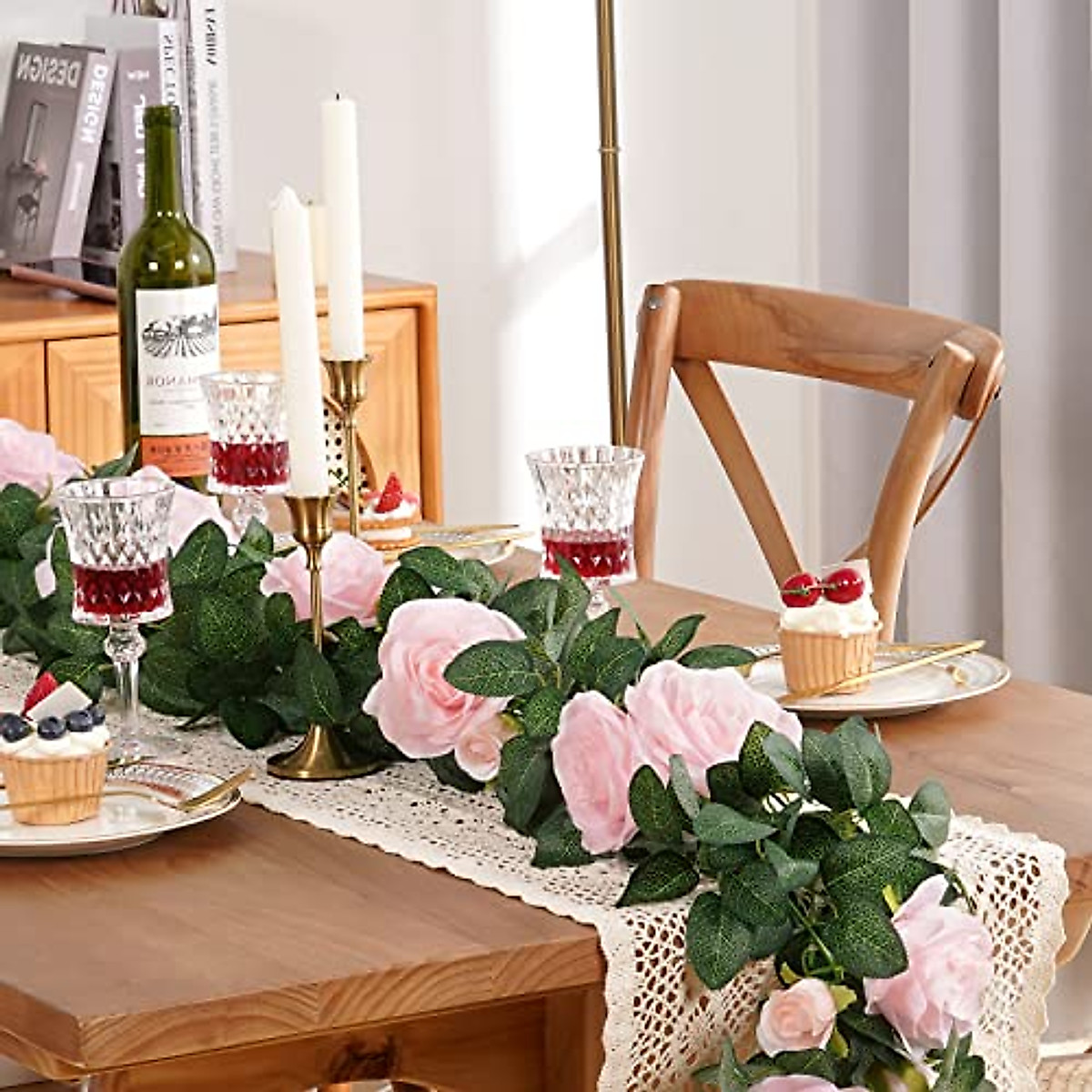 MARTINE MALL 2 Pcs 13.2Ft Artificial Pink Rose Garland, Fake Rose Vine Floral Garland for Wedding Party, Garden, Home, Table, Wall Decor