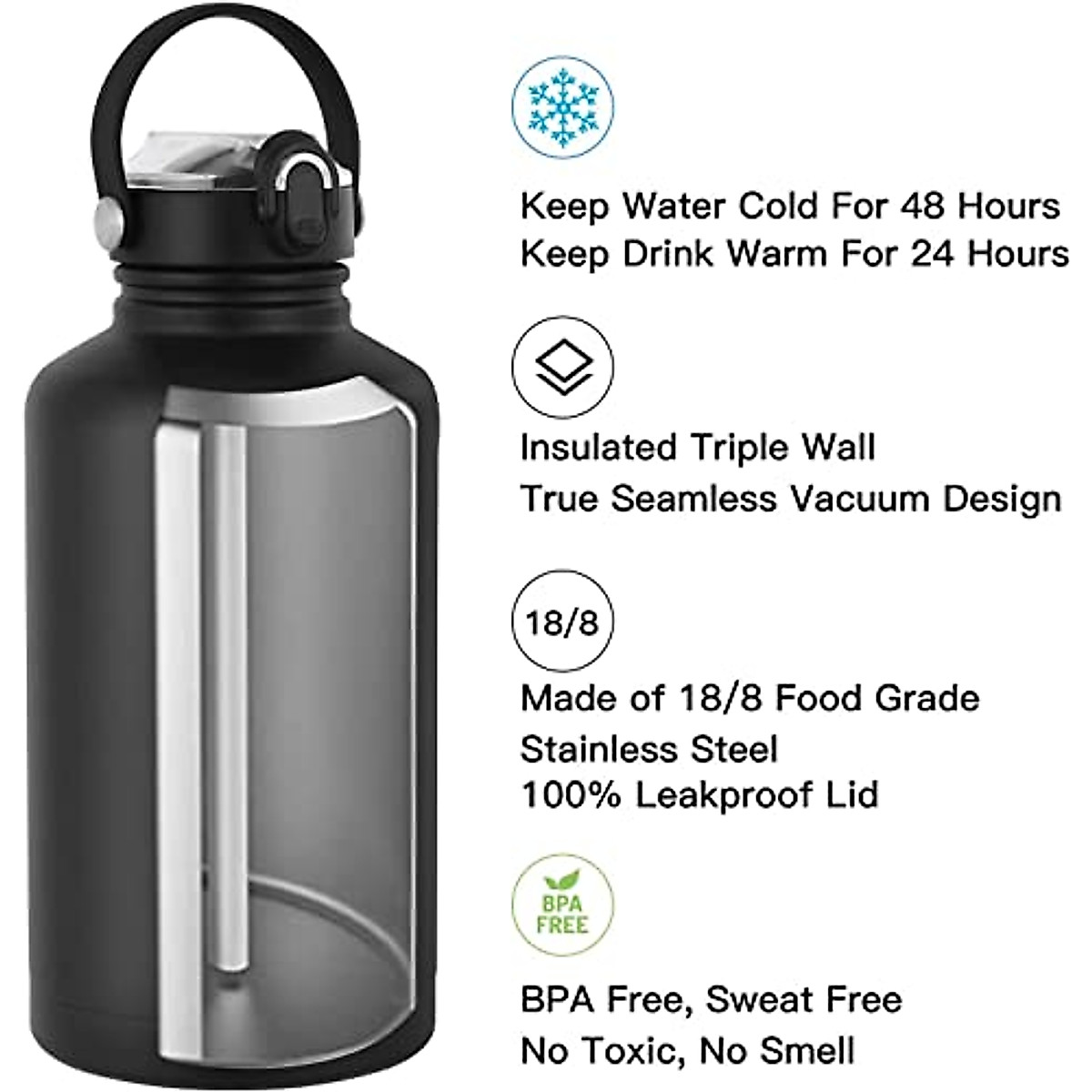 FEWOO Insulated Water Bottle 64 oz, Half Gallon Stainless Steel Water Flask, Double Wall Vacuum Metal Water Jug with Straw Leakproof Sport Lid and Straw Lid for Hiking Camping (64oz, BLACK)
