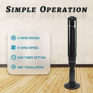 Kismile 59 Inch Portable Oscillating Quiet Tower Fan with Remote Control,3 Modes and 8 Wind Speed Setting, Built in 24 H Timer LED Display Powerful Standing Fans (59 inch, Black)