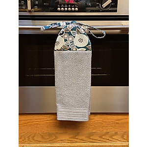 Teal Gray Grey White Flowers Ties On Stays Put Grey Kitchen Bathroom Hanging Loop Hand Dish Towel