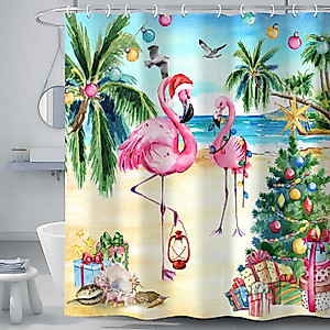 Christmas Flamingo Shower Curtain, Pink Tropical Beach Themed Funny Xmas Hat New Year Holiday Fabric Bath Curtains, Winter Palm Leaves Bathroom Bathtubs Decor with Hooks
