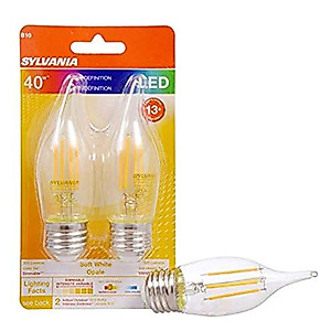 SYLVANIA B10 High-Definition LED Light Bulb, 4W Equivalent, 13 Year, Bent Tip, Medium Base, 320 Lumens, 2700K, Soft White, Clear - 2 Pack (40184)