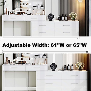 Rovaurx 65" W Makeup Vanity Set with Mirror and 3-Color Lights, Large Vanity Table with 8 Drawers & Side Storage Shelf, Adjustable Width, Bedroom Dressing Table with Stool, for Women, White RSZT109WD