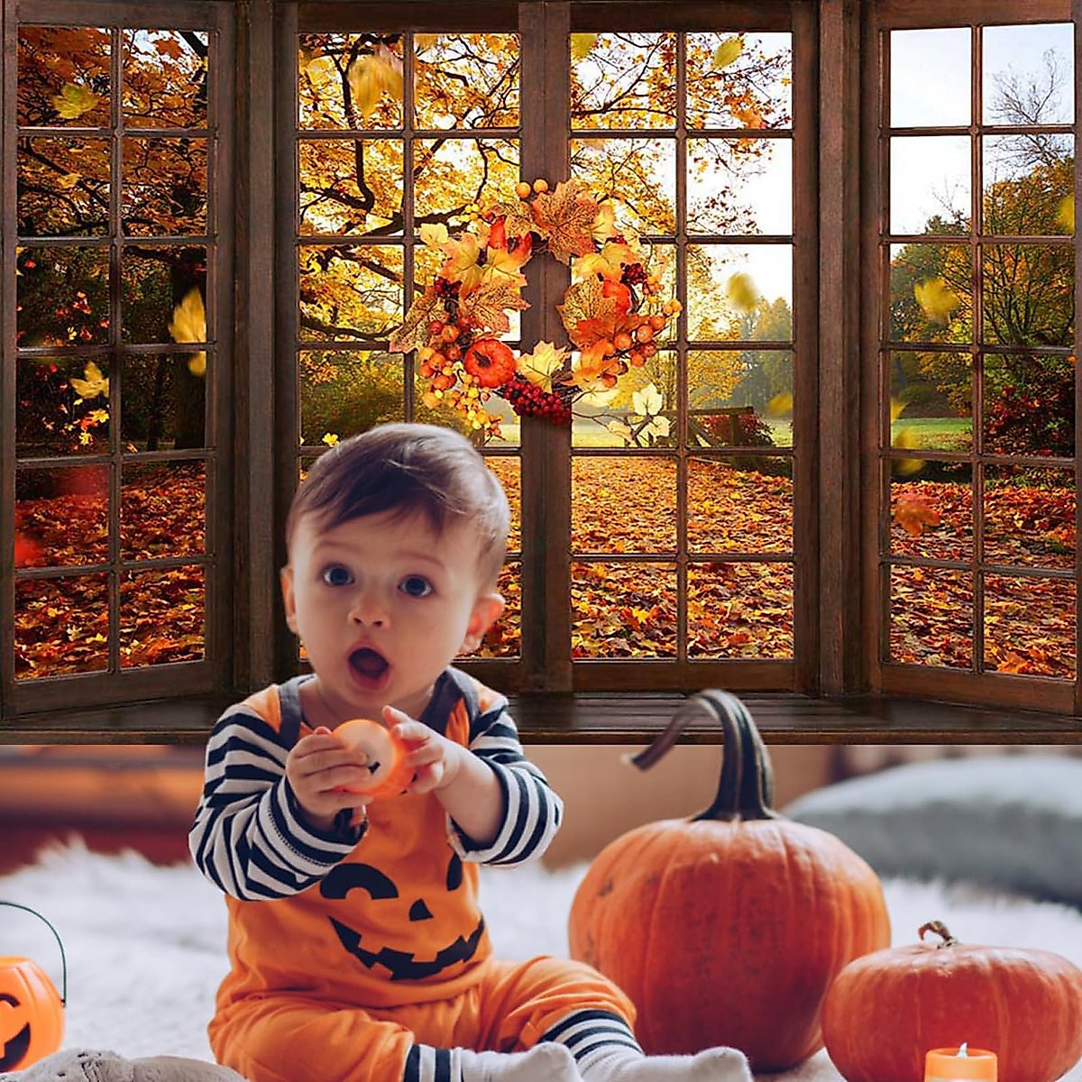 Mocsicka Fall Window Backdrop 7x5ft Autumn Maple Forest Fall Backdrops for Photography Fall Natural Scenery Background for Thanksgiving Day Party Decorations