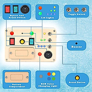 LED Light Switch Busy Board Montessori Toy Button Busy Board Kids Wooden Control Panel Kids Toy Activity Sensory Board Fidget Toy for Toddlers 1 2 3 Year Old