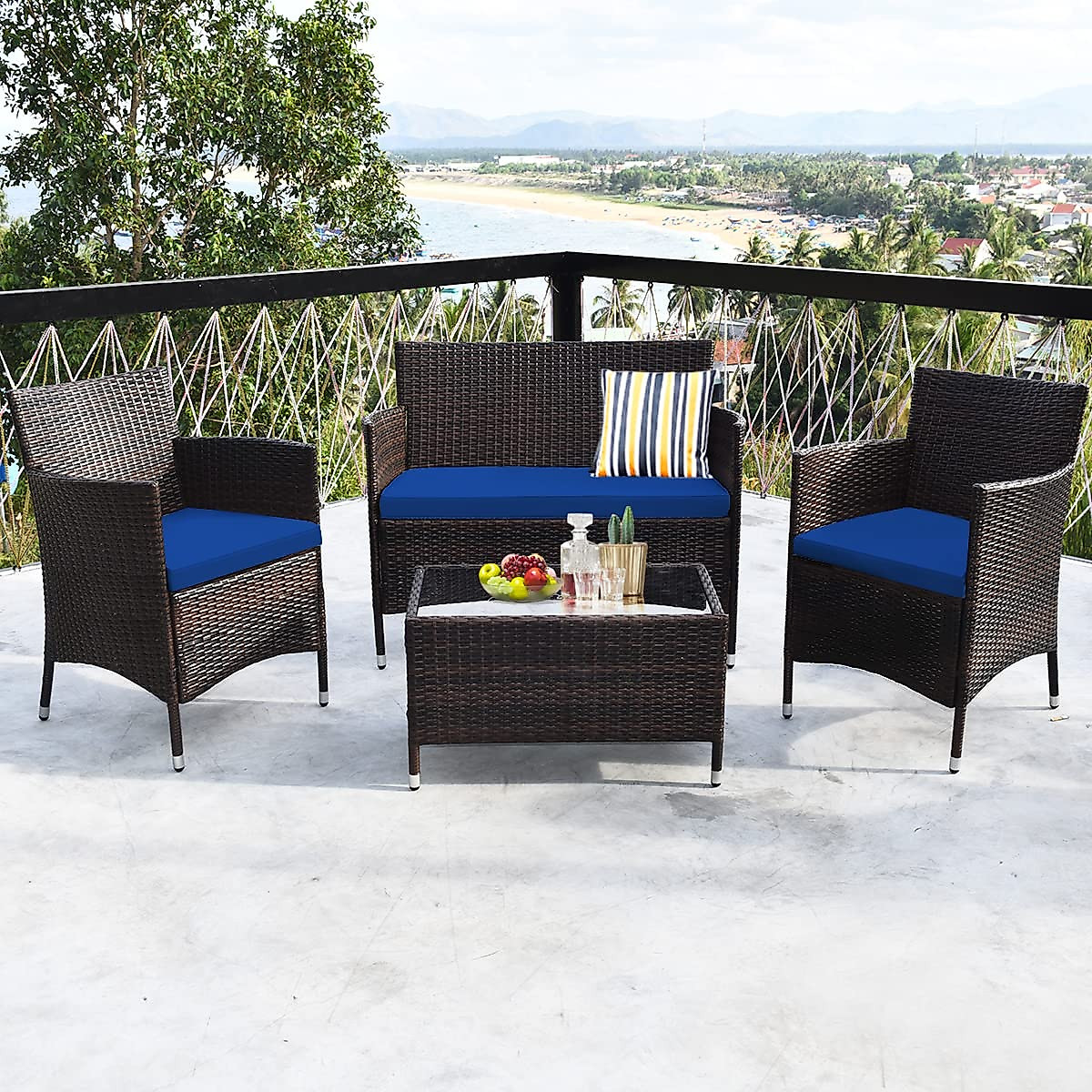 Toolsempire 4 Pieces Patio Sofa Set, Wicker Conversation Set with Ergonomic Curved Backrest, Rattan Furniture Set with Water-Resistant Cushion & Tempered Glass Table for Balcony, Porch (Navy Blue)