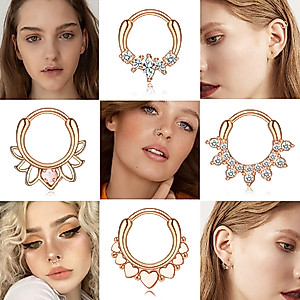 Ubjuliwa 9Pcs Septum Jewelry 16G Daith Earrings Hinged Hoop Nose Rings 316L Stainless Steel Septum Clicker CZ Rings for Women Rose Gold Cartilage Helix Tragus Rook Hoop Daith Earrings 8MM Style B