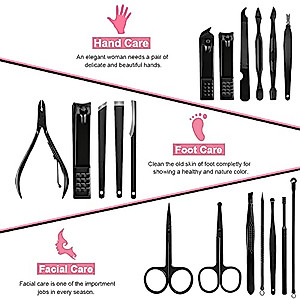 Manicure Set Professional Nail Clippers Kit Pedicure Care Tools- Stainless Steel Grooming Kit 18Pcs for Travel or Home (Black/Pink)