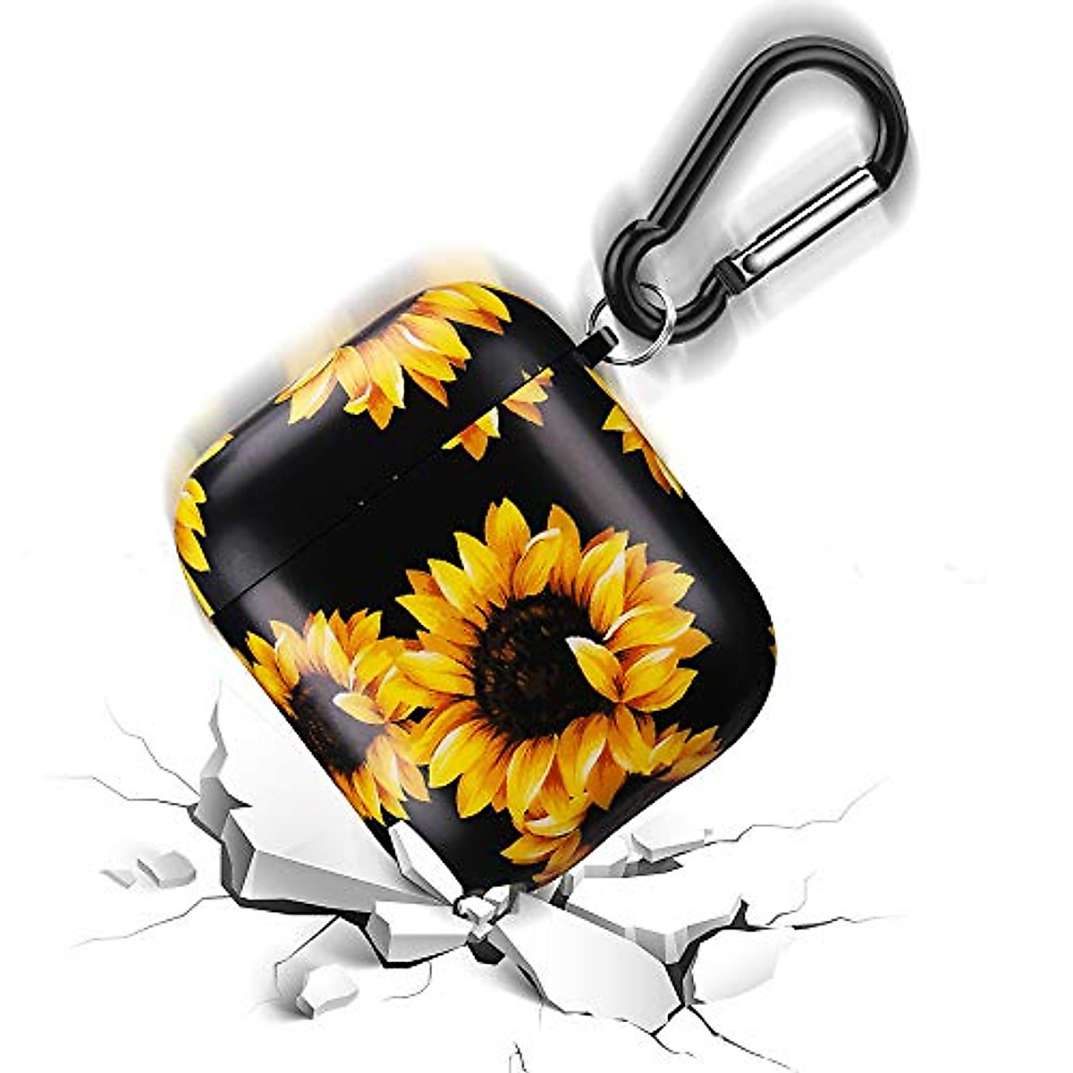Qokey Compatible with Airpods Case,Flower Floral Pattern Cute Case for Women Girls Soft Silicone Wireless Charging Case Chrome Keychain Portable & Shockproof Accessories Kit for AirPods 1/2 Sunflowers