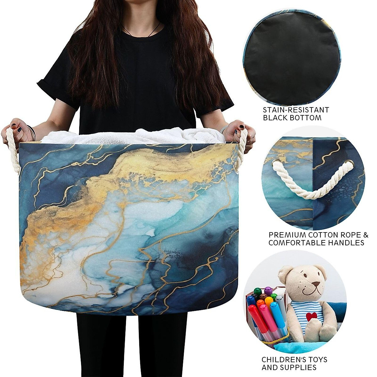 Kigai Cotton Rope Basket Blue Gold Marble Large Storage Basket for Toys Blanket Baby Laundry Basket for Nursery, Closet, Bedroom, Home Organization