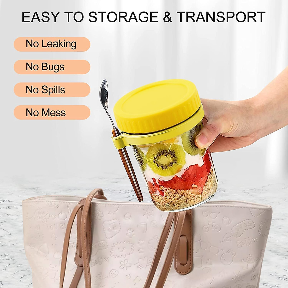 4 Pack Reusable Overnight Oats Jars with Lids and Spoons, 16 oz Airtight Overnight Oats Container, Mason Jars for Overnight Oats, Glass Mason Jars for Salads Yogurt Cereal Milk, On The Go Container