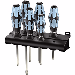 Wera 05032063001 Kraftform Stainless 3334/3350/3355/6 Stainless Steel Slotted/Phillips/Pozidriv Screwdriver Set and Rack, 6-Piece