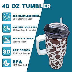 Gome 40 oz Camouflage Cow Print Tumbler with Handle - Insulated Stainless Steel Cow Cup with Lid and Straw - Keeps Drinks Cold and Hot, Birthday Gifts for Women - Hand Wash Only