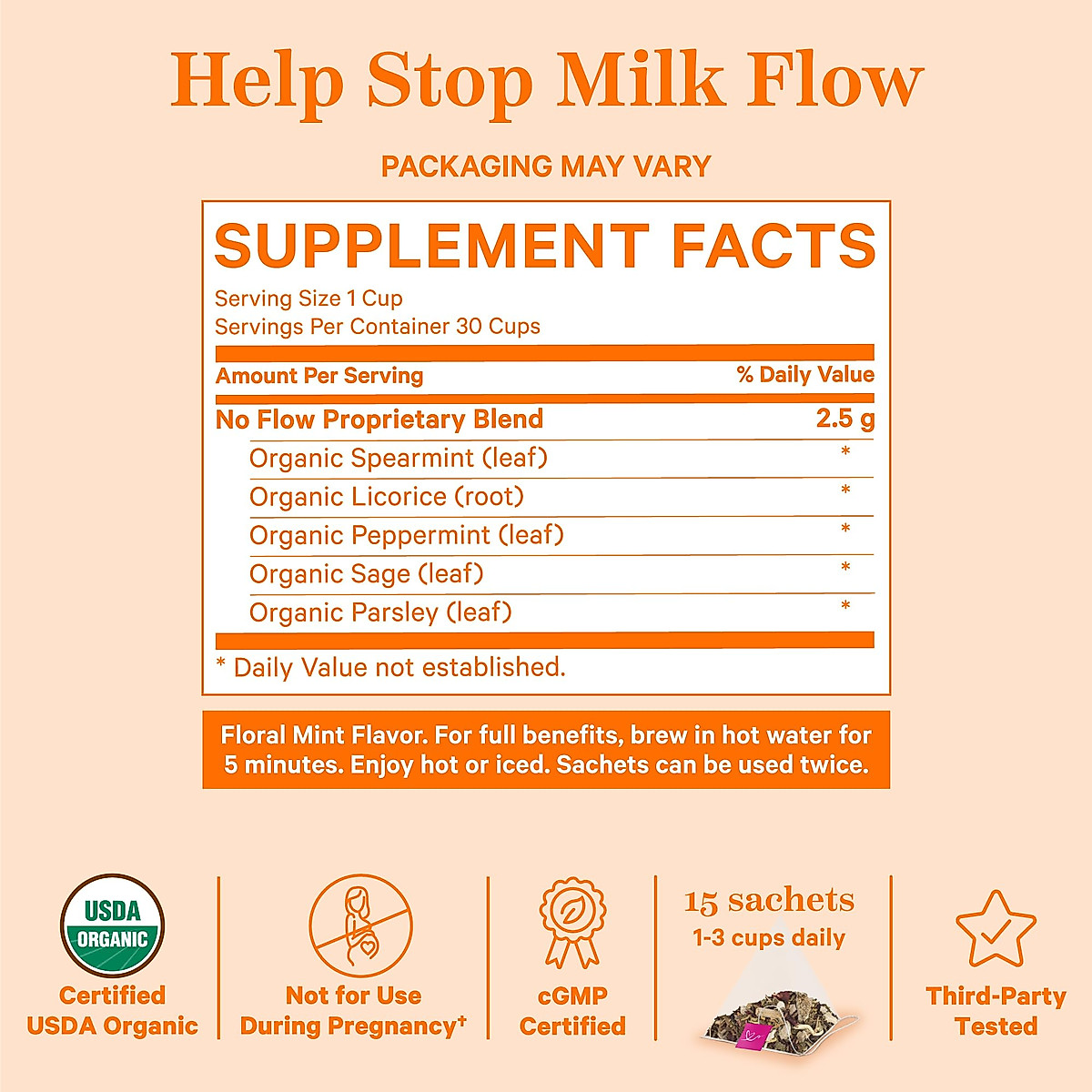 Pink Stork No Flow - Organic Sage Tea to Dry Up Breast Milk Supply and Decrease Milk Production, Stop Breastfeeding, Wean Lactation Naturally, Postpartum Essentials - 15 Sachets