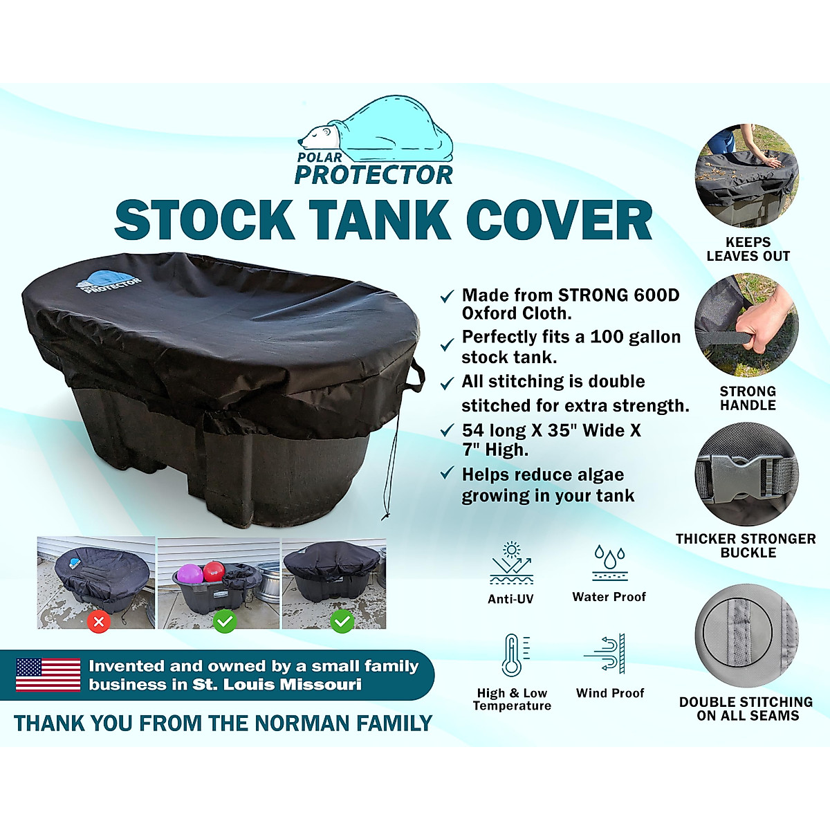 Polar Protector - 100 Gallon Oval Stock Tank Cover and Insulated 5mm Neoprene Slip Bundle Ice Water Bath Waterproof Keeps Tanks Clean and Insulated