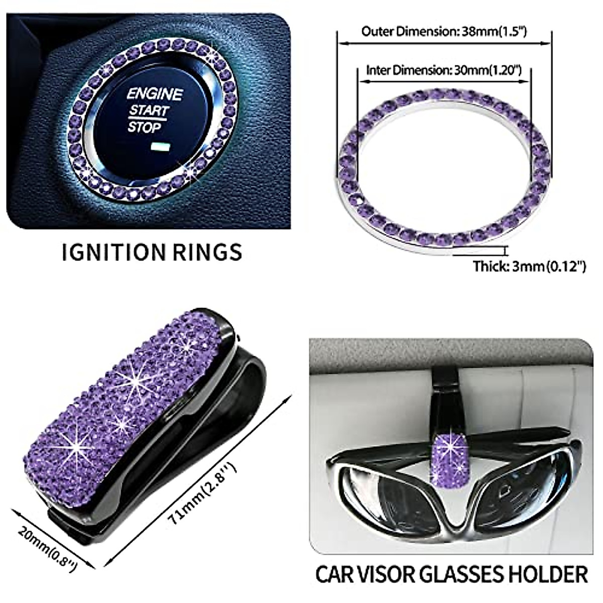Bling Car Accessories Set, MAIMEIMI 22 Pieces Bling Car Phone Holder Mount, Bling Dual USB Car Charger, Bling Car Visor Glasses Holders, Bling Car Seat Hooks Rhinestone Gift for Women Girls (Purple)