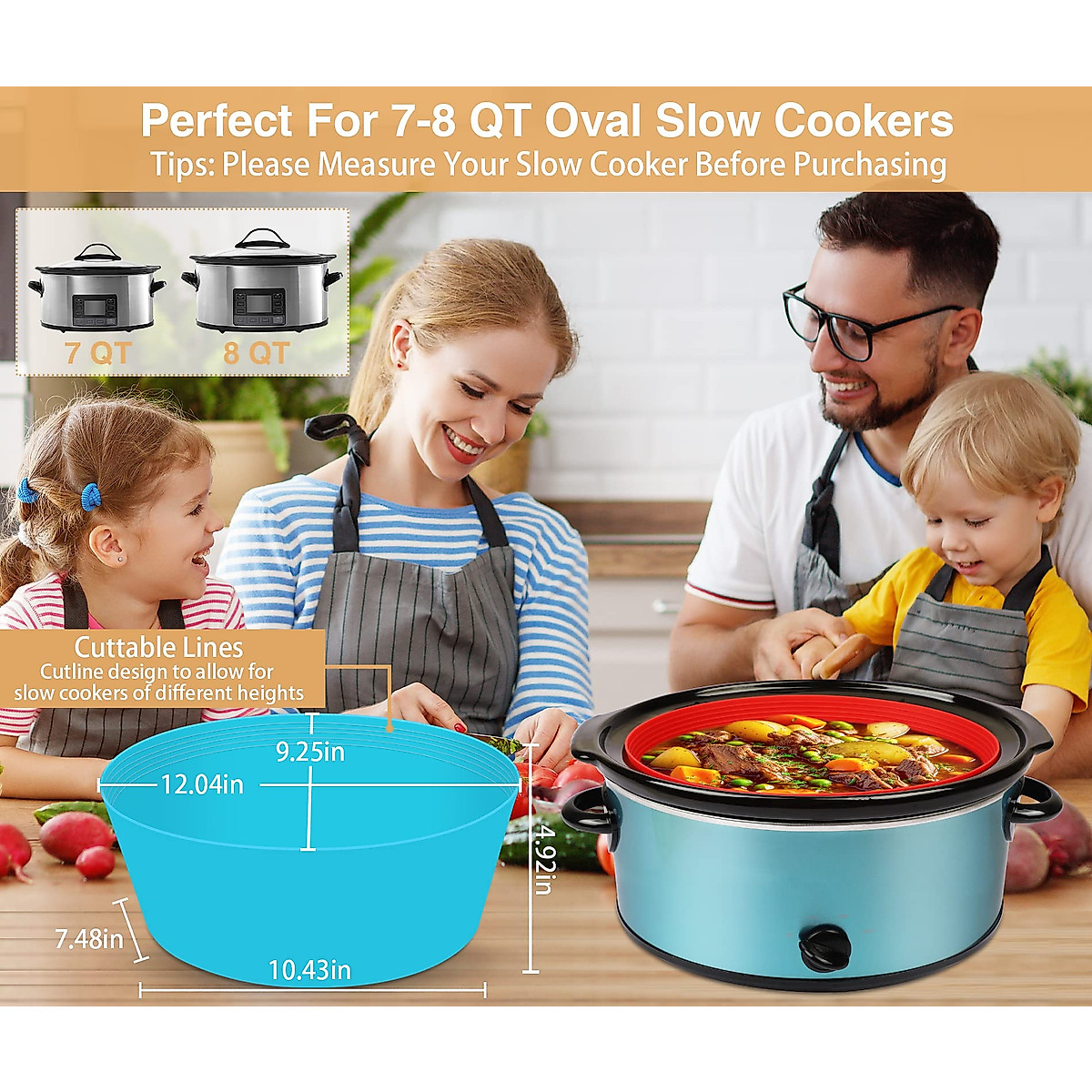 Silicone Slow Cooker Liners fit Crock-Pot 7-8 Quart Oval Slow Cooker，Reusable & Leakproof Dishwasher Safe Cooking Liner for 7 Quart Crock Pot (1pcs-Blue [Fit 7 to 8 QT][12"D x 9.25"W x 4.92"H])