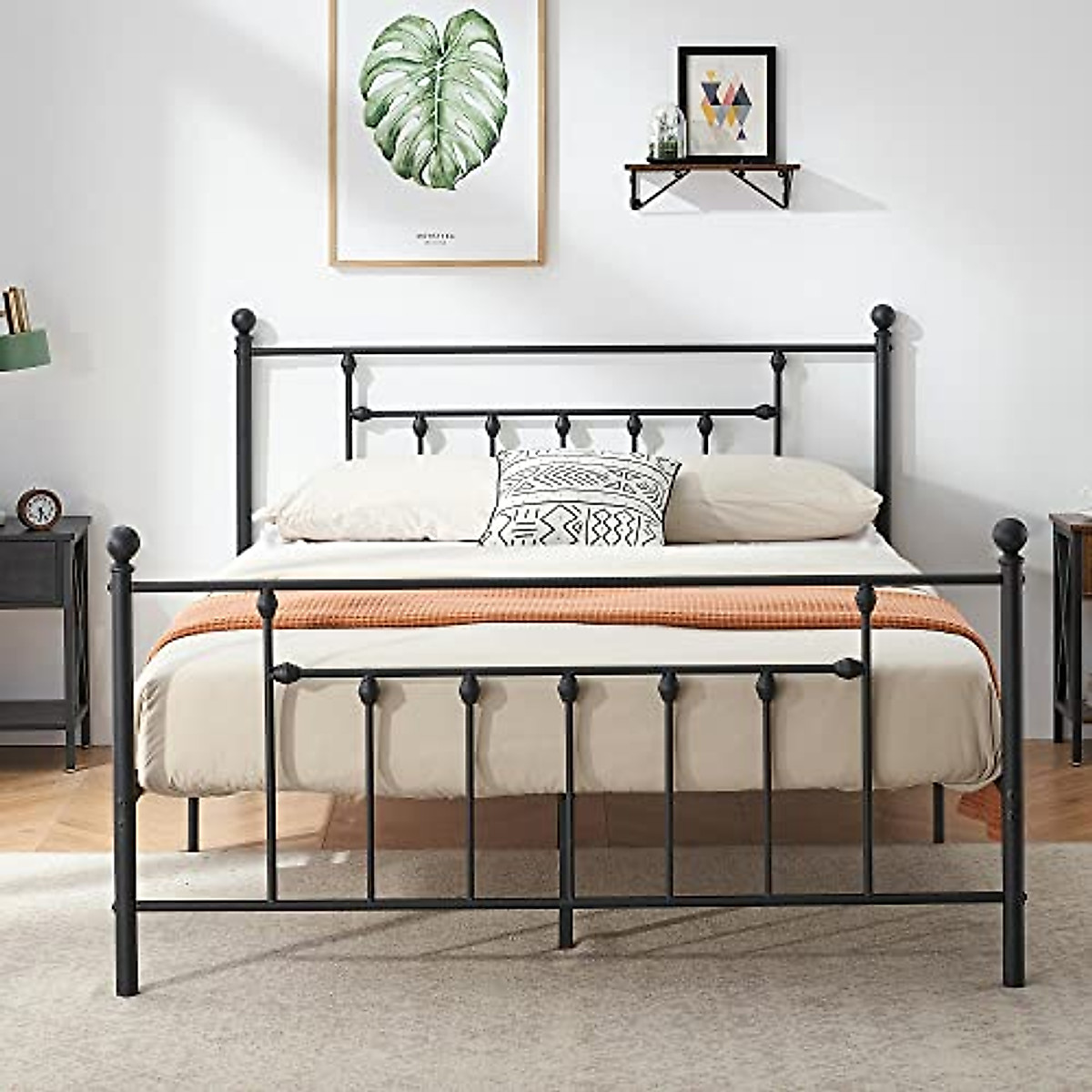 VECELO Queen Size Metal Platform Bed Frame with Headboard and Footboard, Sturdy Steel Slat Support/No Box Spring Needed Mattress Foundation/Easy Assemble，Victorian Style,Matte Black