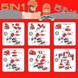 Fire Truck Toy for Boys Take Apart Robot Toys 5 in 1 Transform Robot Car Set, Firetruck Construction Vehicles Sets Building Robot Toys Kits with Drill Light and Music Gift for Boys Girls Ages 3-8