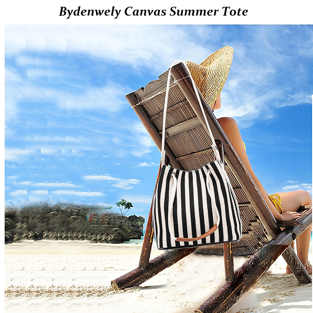 Bydenwely Women's Tote Bag Medium Canvas Shoulder Bag Daily Working Handbag with Concise Striped Pattern (Black)