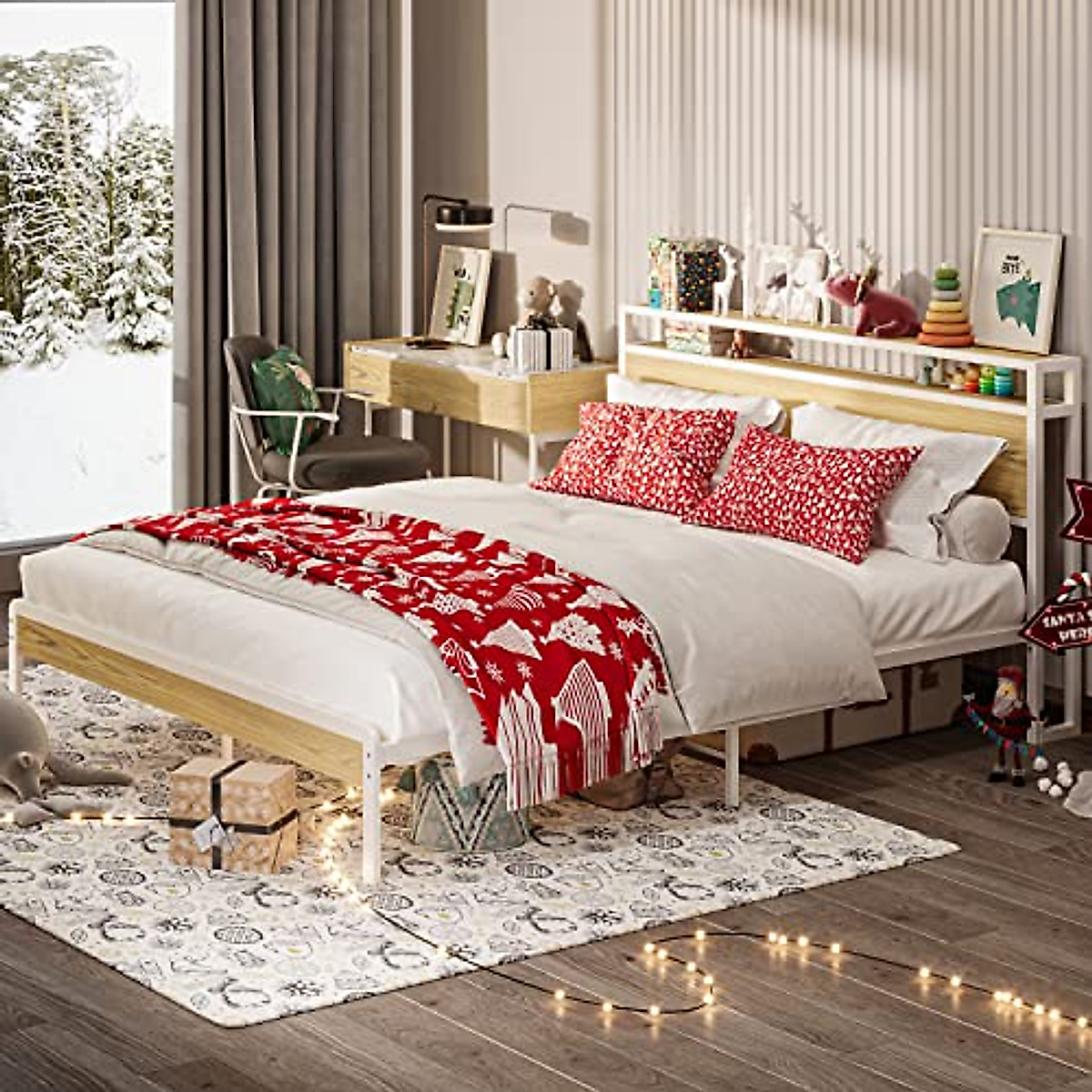 LIKIMIO Full Size Bed Frame, Platform Bed Frame with 2-Tier Storage Headboard, Solid and Stable, Noise Free, No Box Spring Needed, Easy Assembly, White and Log