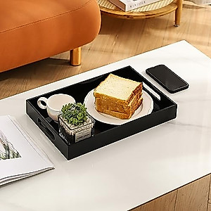 BEYLANG Glossy Black Sturdy Acrylic Serving Tray with Handles-12x20Inch-Serving Coffee,Appetizer,Breakfast,Butler-Kitchen Countertop Tray-Makeup Drawer Organizer-Vanity Table,Ottoman Tray-Decorative