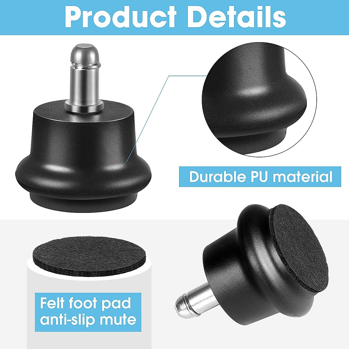 Bell Glides Replacement Office Chair Swivel Caster Wheels to Fixed Stationary Castors,with Separate Self Adhesive Felt Pads for Carpet,Desk Chair Feet Wheel Stopper, Black 5 Pcs