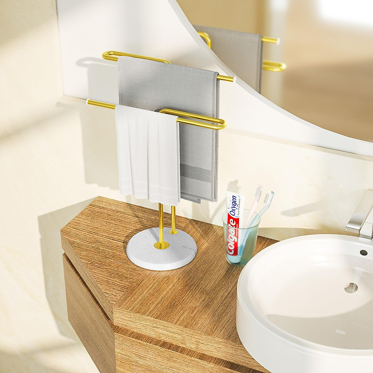 Alsonerbay Hand Towel Holder Marble, Double T Hand Towel Stand for Bathroom Counter Gold, 17" Height Free Standing Hand Towel Rack with Heavy Base for Kitchen or Vanity Countertop