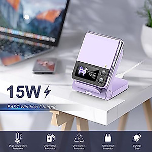 for Samsung Galaxy Z-Flip Wireless Charger: Galaxy Z Flip 5/4/3 Wireless Charging Stand,15W Fast Wireless Charger for Galaxy Z Flip5/Z Flip4/Z Flip3,Razr(At 5W)Easy Carry(QC3.0 Adapter Included)Purple