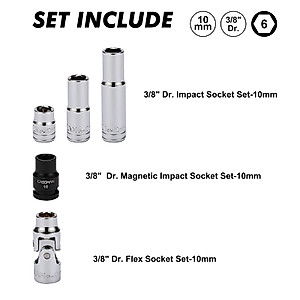 CASOMAN 10Pcs Impact Socket & Flex Socket Set, 1/4" & 3/8" Dr., 6-Point, 10mm, Metric, Include Magnetic impacet Socket, Storage Rail