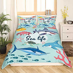 Sea Turtle Comforter Cover Set Twin Size Ocean Fish Marine Life Duvet Cover Under Sea Life Bedding Set for Kids Child,Underwater World Coastal Creature Quilt Cover,Nautical Sea Animal Bedroom Decor