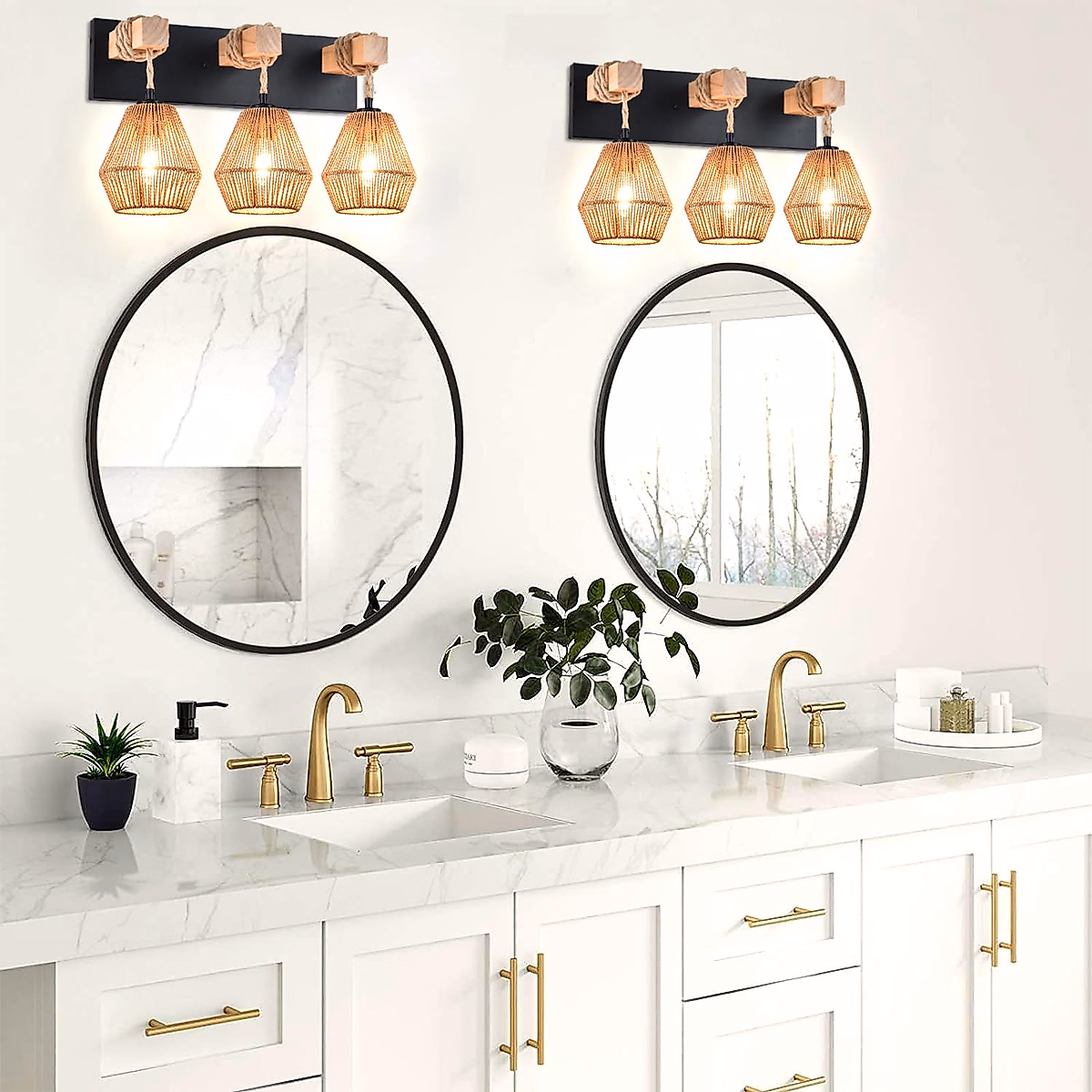 ILLMTW 3-Light Bathroom Vanity Lights Over Mirror,Farmhouse Wood Vanity Light Fixtures for Bathroom,Boho Rustic Adjustable Color with Woven Rattan Wicker Wall Sconces for Hallway Bedroom Living Room