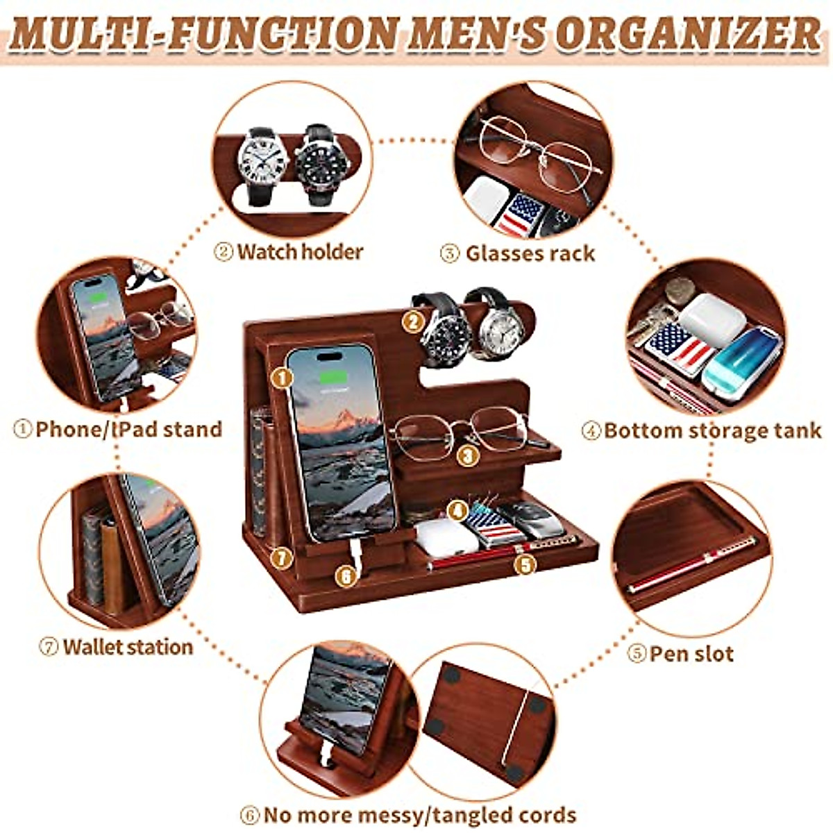 Gifts for Men Wood Phone Docking Station Gifts for him Husband Nightstand Organizer Cell Phone Stand Watch Holder Wallet Station Desk Organizers Gifts for Dad Birthday Gifts for Men