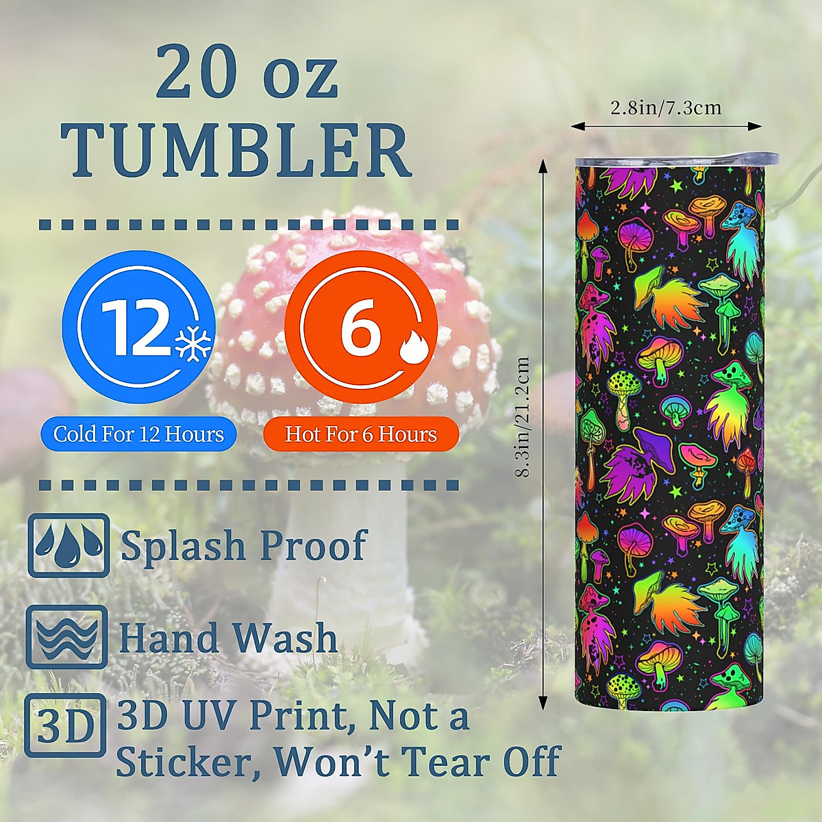 Srucddu 20oz Insulated Tumbler With Lid And Straw, 3D Print Vacuum Travel Mug, Stainless Steel Coffee Tumbler Cup, Mushroom Tumbler for Women, Girl Gifts